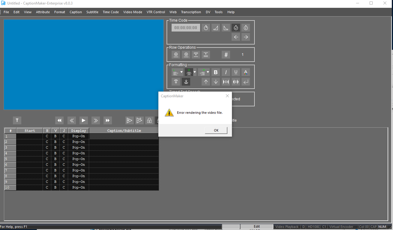 "Error rendering the video file"