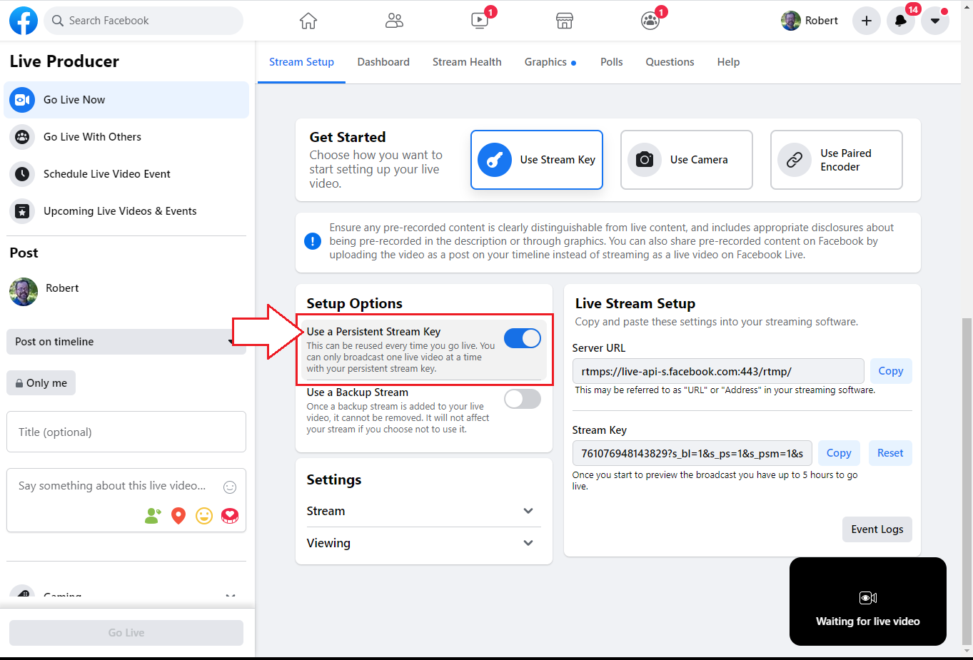 Wirecast 8 and up: Creating a Facebook Persistent Stream Key