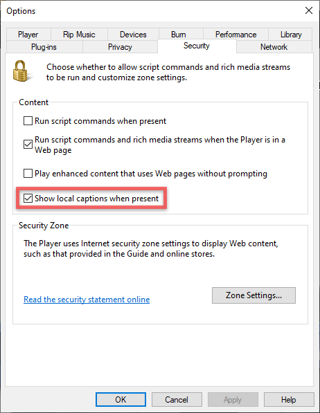 How to enable closed captions in Windows Media Player