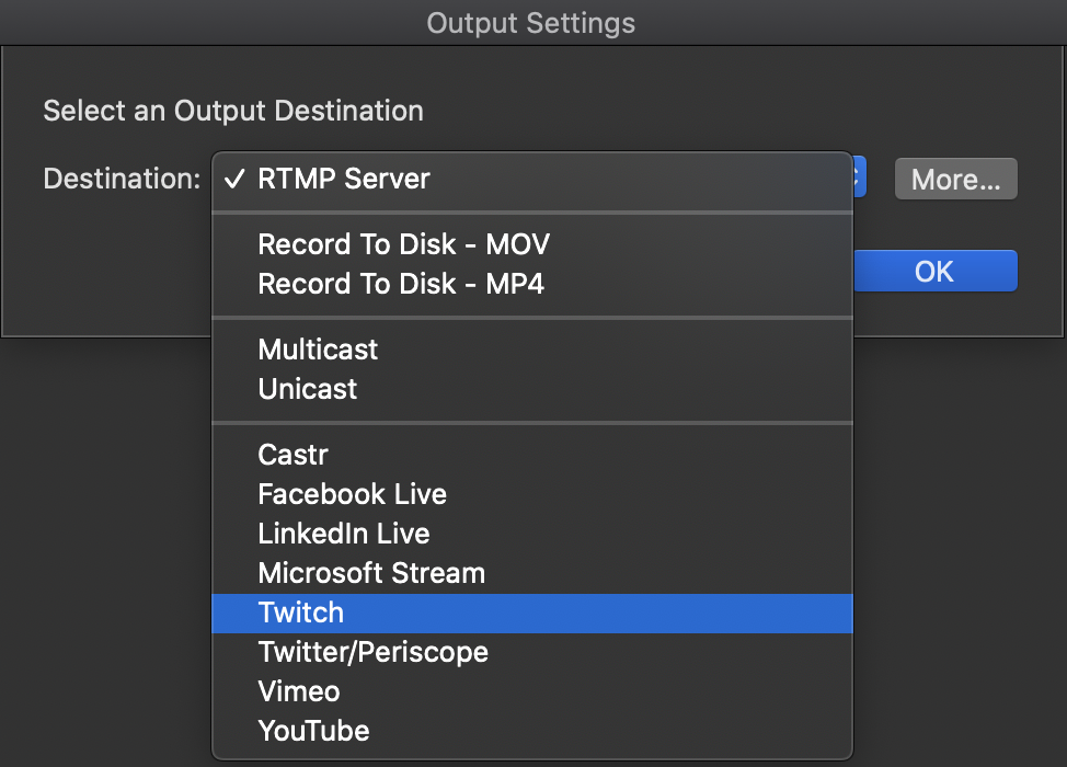 Wirecast: Streaming to Twitch