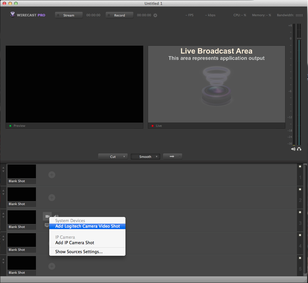 Wirecast: Setting up a camera and audio shot