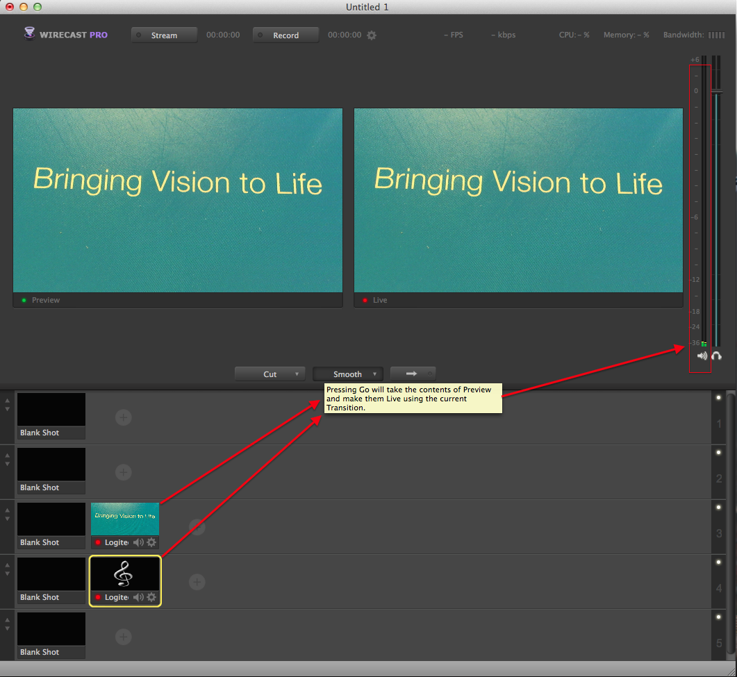 Wirecast: Setting up a camera and audio shot