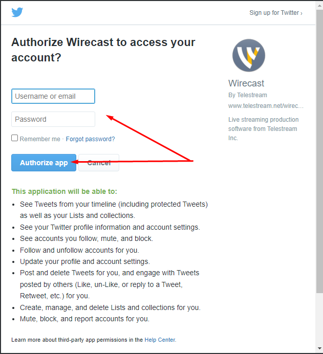 Wirecast: Setting up Twitter Stream